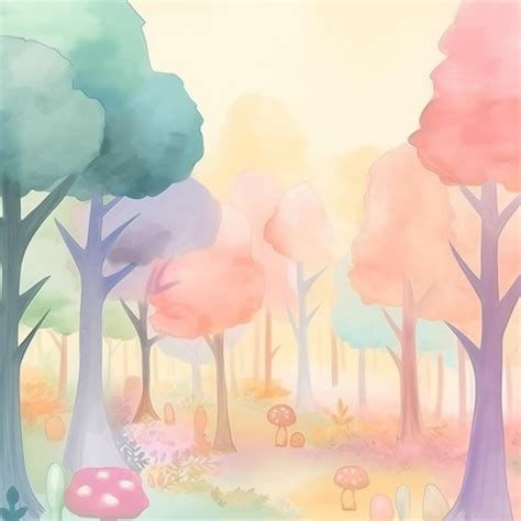 Una Pintura De Acuarela De Un Bosque Con Un Hongo Y Un Hongo Azul