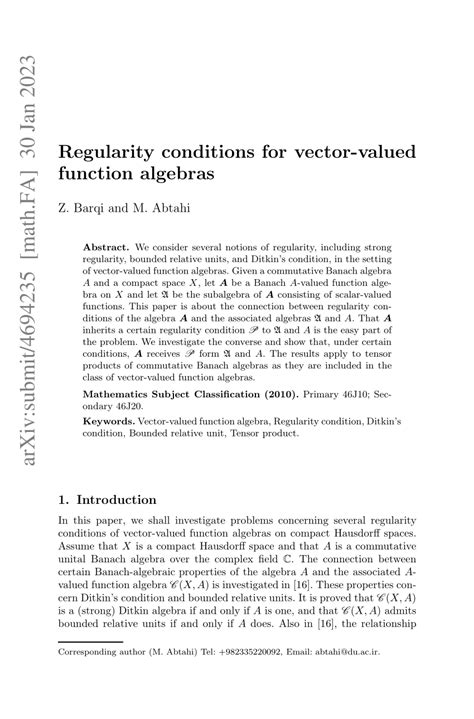 pdf regularity conditions for vector valued function algebras