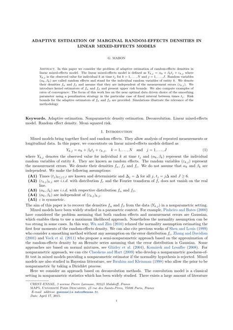 pdf adaptive estimation of marginal random effects densities in linear mixed effects model