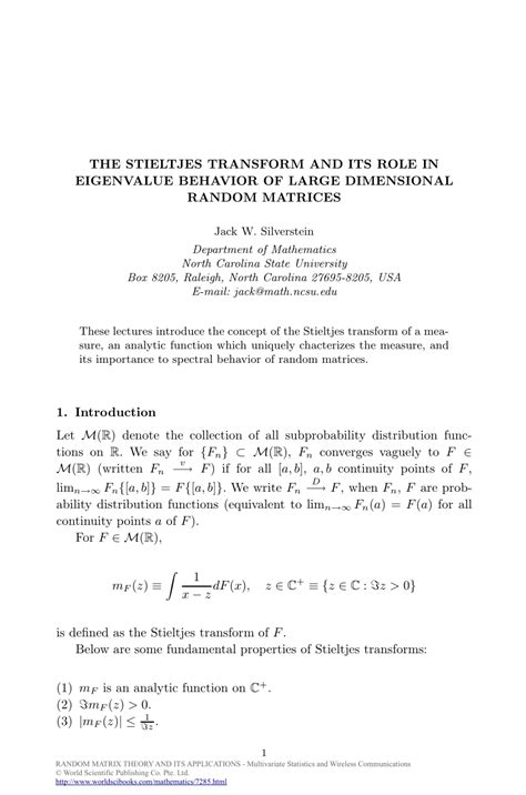 pdf the stieltjes transform and its role in eigenvalue behavior of large dimensional random