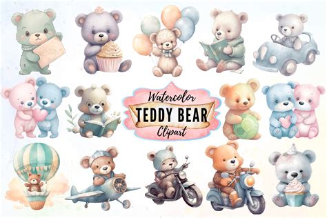 Watercolor Teddy Bear BabyShower Clipart Graphic By Creation By HB