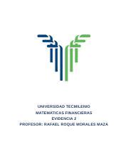 EVIDENCIA 2 MATEMATICAS F Docx UNIVERSIDAD TECMILENIO MATEMATICAS