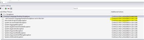 C Visual Studio 2015 Break On Unhandled Exceptions Not Working