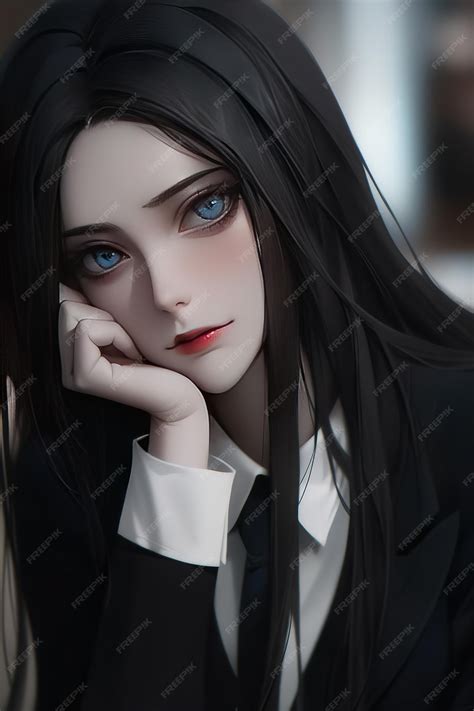 Premium Photo Anime Girl With Long Black Hair And A Black Suit