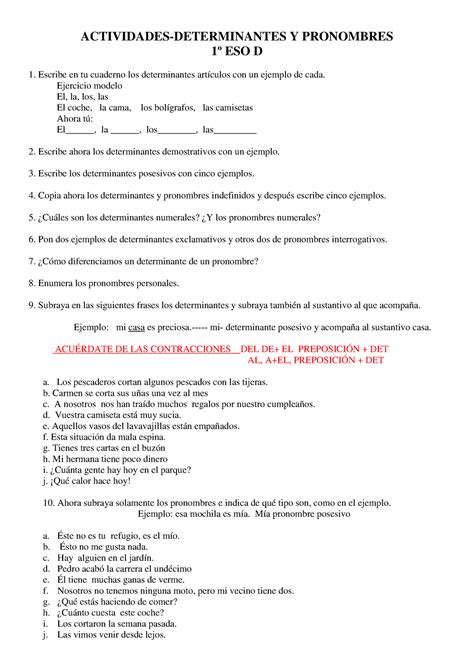 Actividades Determinantes Y Pronombres Actividades Determinantes Y
