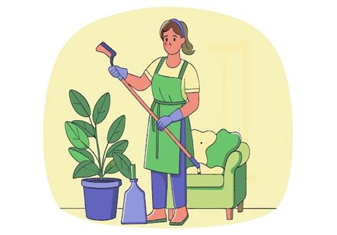 Una mujer está limpiando una habitación con una planta en el fondo