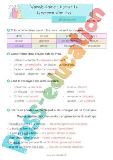 Donner Le Synonyme Dun Mot Exercices Pour Le Ce Pdf Imprimer