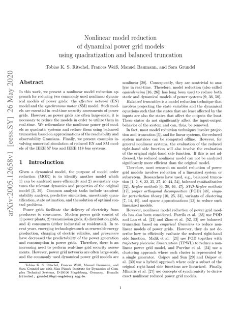pdf nonlinear model reduction of dynamical power grid models using quadratization and balanced