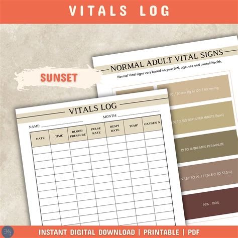 Printable Vitals Log Blood Pressure Log Vital Sign Sheet Log Vital