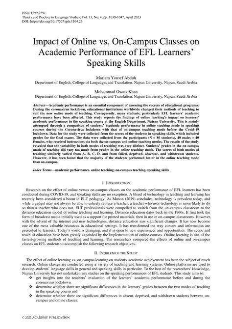 pdf impact of online vs on campus classes on academic performance of efl learners speaking