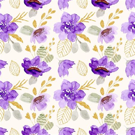 Padrão sem emenda aquarela floral ouro roxo Vetor Premium