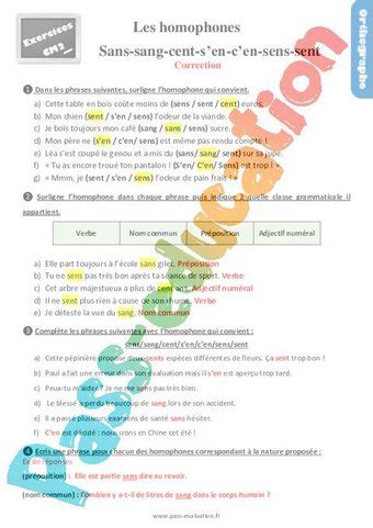 Evaluation avec le corrigé pour le CM2 Les homophones lexicaux sans