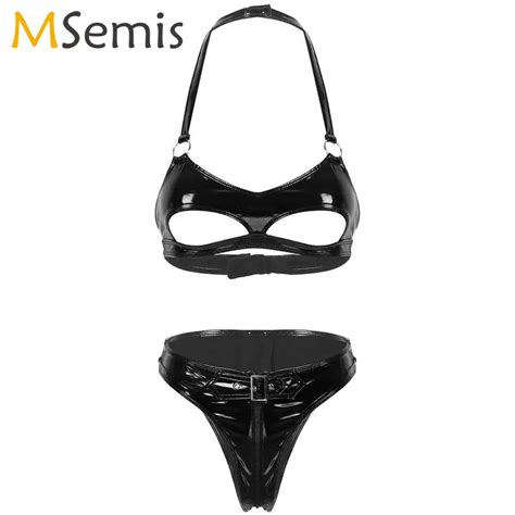 Latex Womens Bikini Lingerie Set Halter Open Brahigh Cut Zipper Booty Panties Exotic Stripper