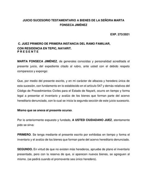 Ejemplo De Demanda De Juicio Sucesorio Testamentario Ejemplo Sencillo