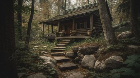 Rustic Log Cabin In The Woods With Steps Leading To It Background