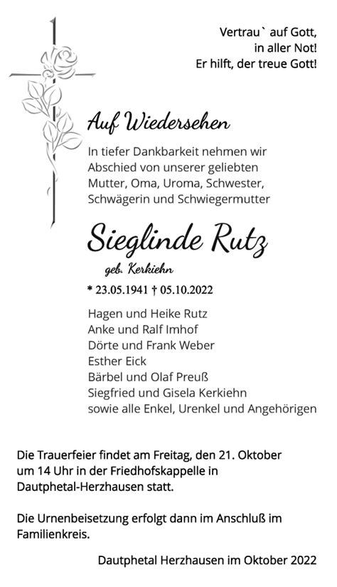 Traueranzeigen Von Sieglinde Rutz Vrm Trauer De