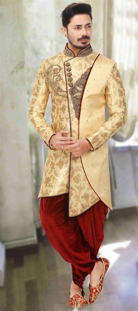 Gold Color Brocade Dupion Silk Fabric Dhoti Sherwani 1644775