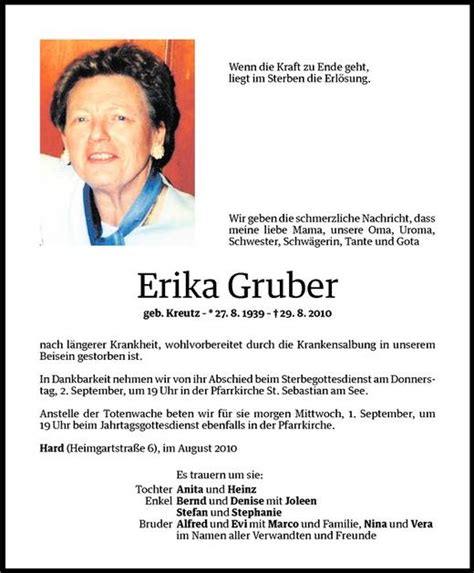 Todesanzeigen Von Erika Gruber Todesanzeigen Vorarlberger Nachrichten