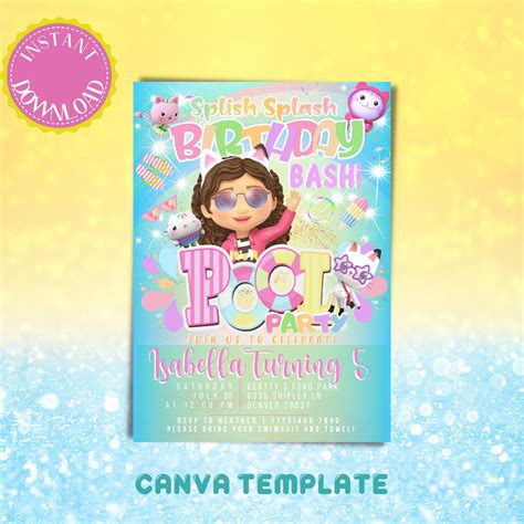 Gabbys Dollhouse Pool Party Birthday Invitation Pool Party Invite
