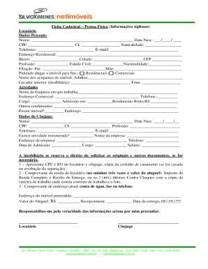 Preenchível Disponível FICHA DE CADASTRO PARA LOCAO DE IMVEIS Fax