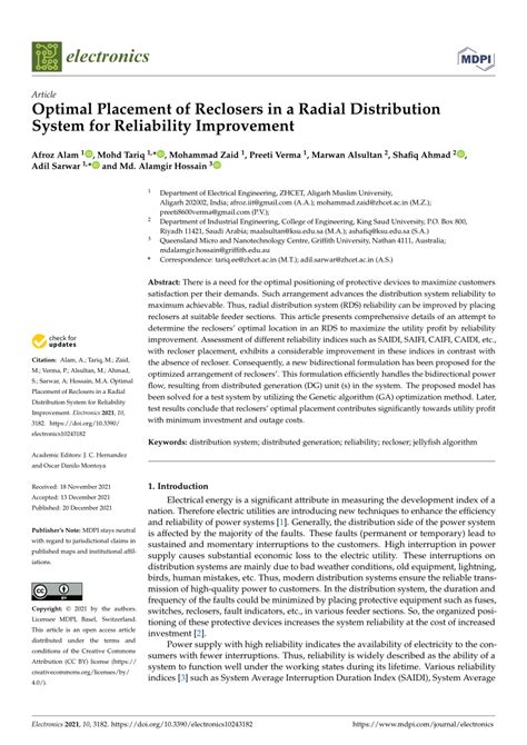 pdf optimal placement of reclosers in a radial distribution system for reliability improvement