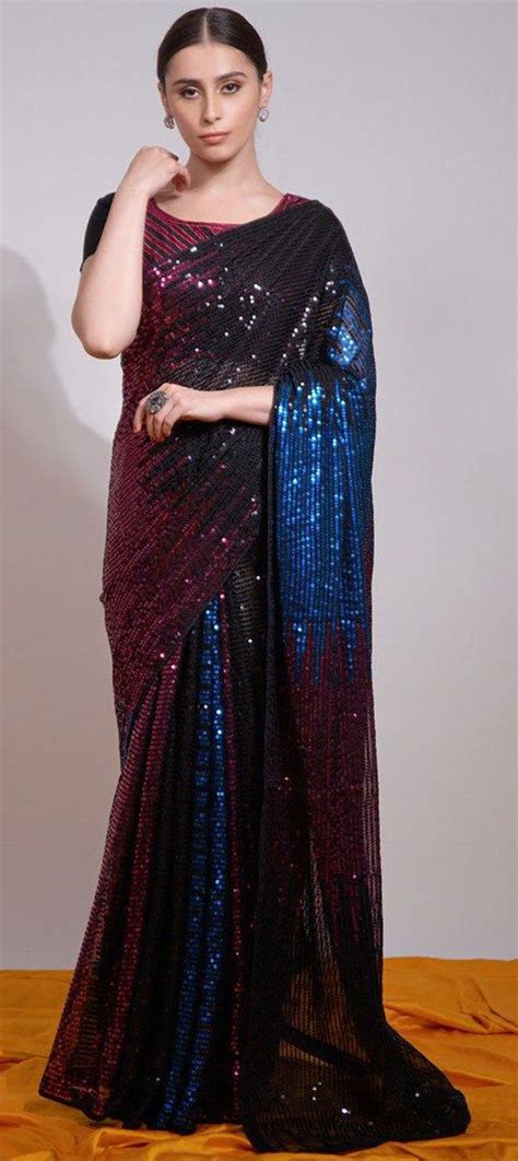 Engagement Party Wear Reception Black And Grey Color Georgette Fabric