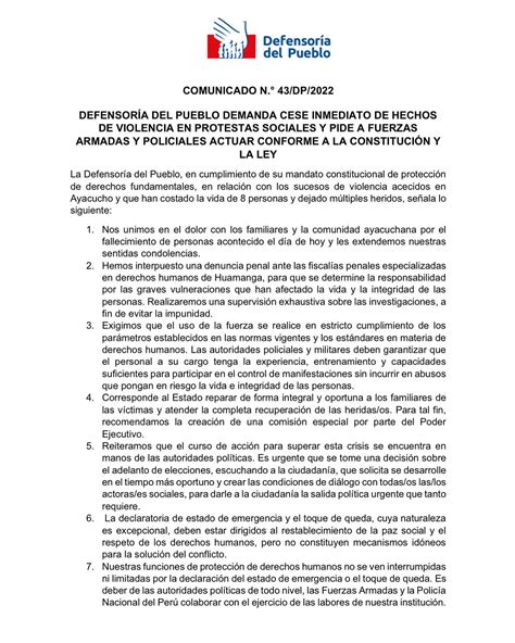 Defensoría del Pueblo demanda cese inmediato de hechos de violencia en