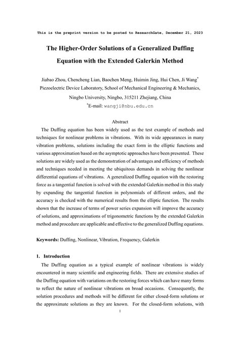 pdf the higher order solutions of a generalized duffing equation with the extended galerkin method