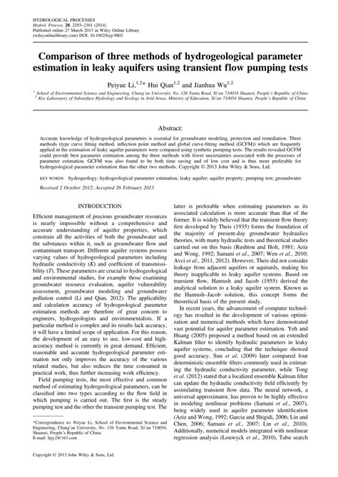 pdf comparison of three methods of hydrogeological parameter estimation in leaky aquifers