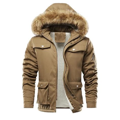 Parka Homme Hiver A Capuche Fausse Fourrure Amovible Manches Longues
