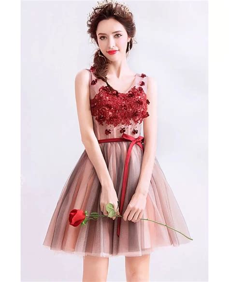 Cute Short Tulle Red Beaded Prom Hoco Dress Vneck With Sash Wholesale T79047