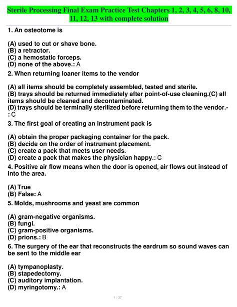 sterile processing final exam practice test chapters 1 2 3 4 5 6 8 10 11 12 13 with