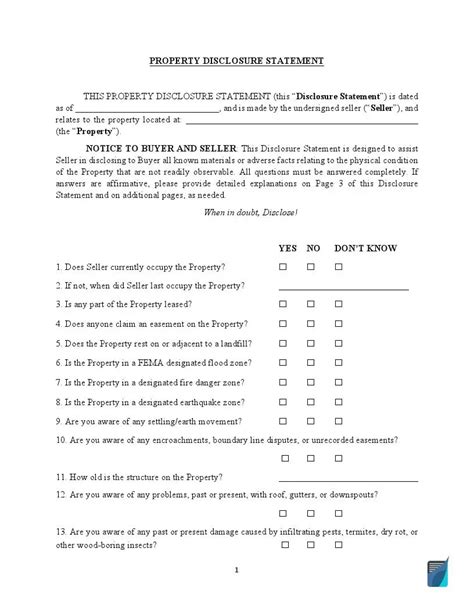 Free Seller S Property Home Disclosure Statement Form