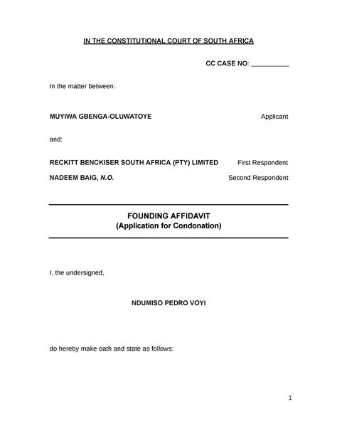 Founding Affidavit Application For Condonation In The
