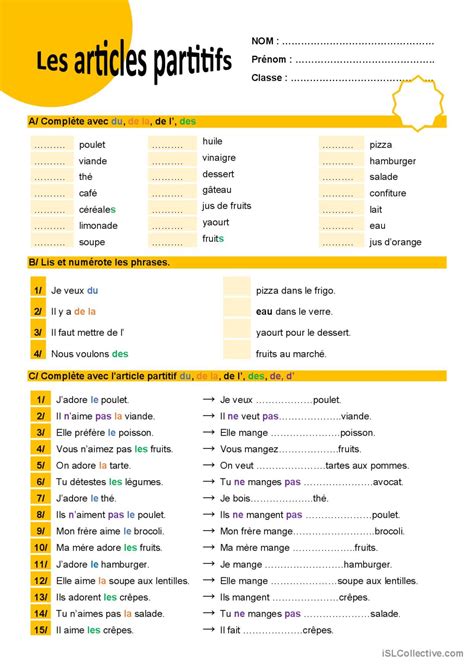 Quiz sur les articles partitifs déco Français FLE fiches pedagogiques