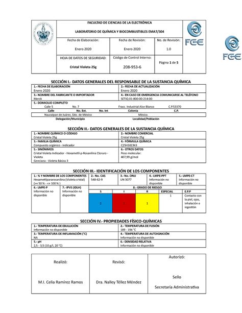 HDS Cristal Violeta 25g LABORATORIO DE QUÍMICA Y BIOCOMBUSTIBLES EMA7