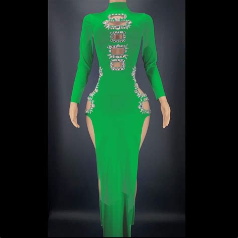 Multicolored Hollow Out Rhinestones Long Sleeves Sexy Split Dress For