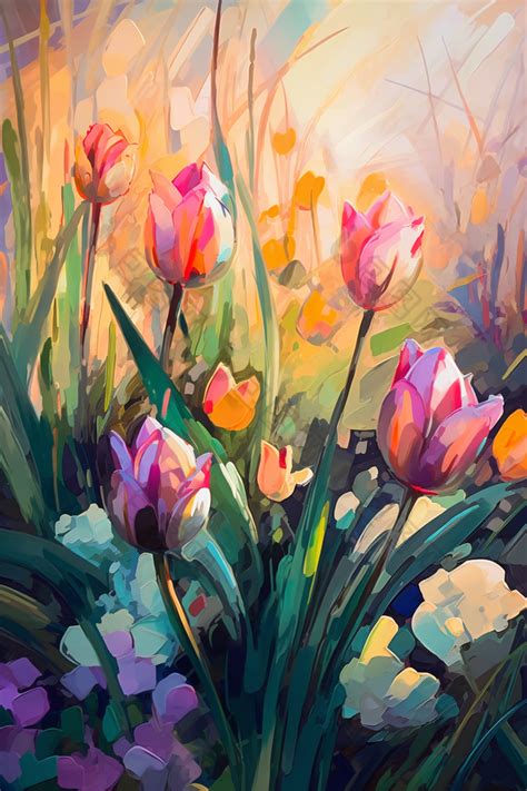 多彩郁金香油画花园草插画图片 包图网