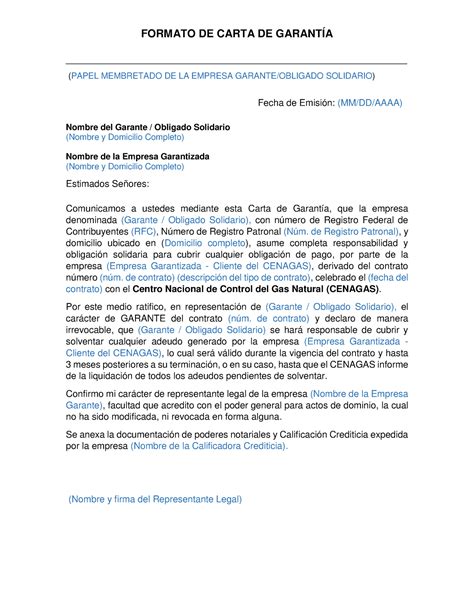 Carta de Garantía FORMATO DE CARTA DE GARANTÍA Studocu