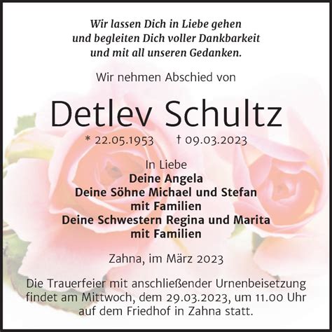 Traueranzeigen Von Detlev Schultz Abschied Nehmen De