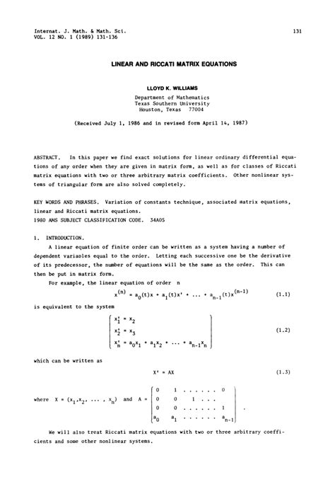 pdf linear and riccati matrix equations