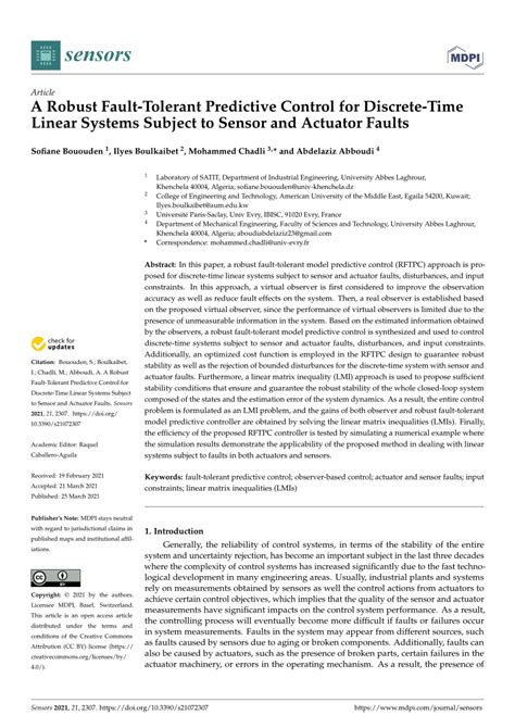pdf a robust fault tolerant predictive control for discrete time linear systems subject to
