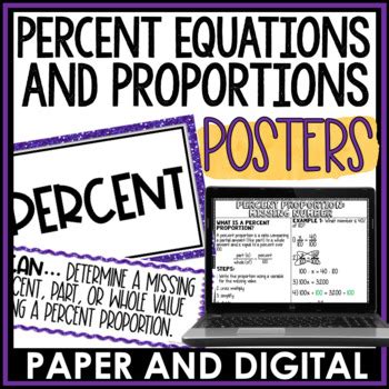 Percent Proportion And Equation Posters Reference Sheets Anchor Charts