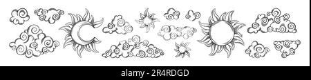 Sun And Cloud Drawing In Engraving Outline Style Vector Illustration