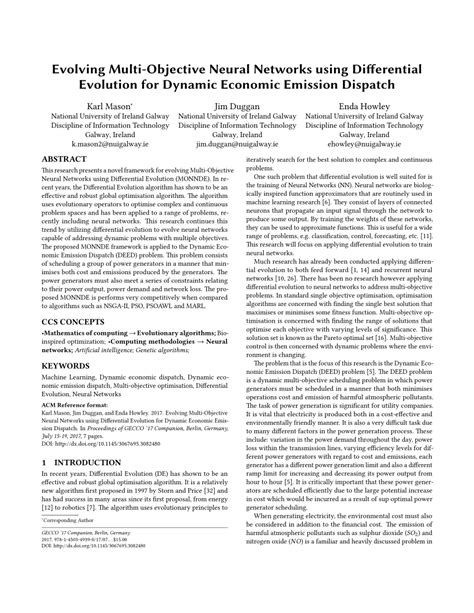pdf evolving multi objective neural networks using differential evolution for dynamic economic