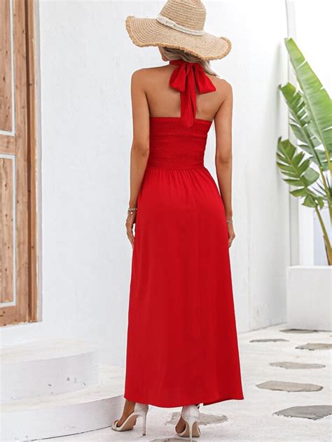 SHEIN VCAY Solid Criss Cross Tie Backless Halter Dress SHEIN UK