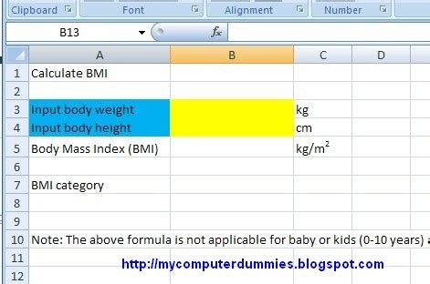 Calculate Body Mass Index Bmi Formula In Excel 2007 My Computer Dummies
