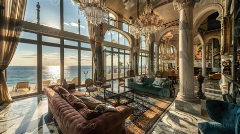 Elegant Beachfront Living Space With Panoramic Ocean Views And Vintage