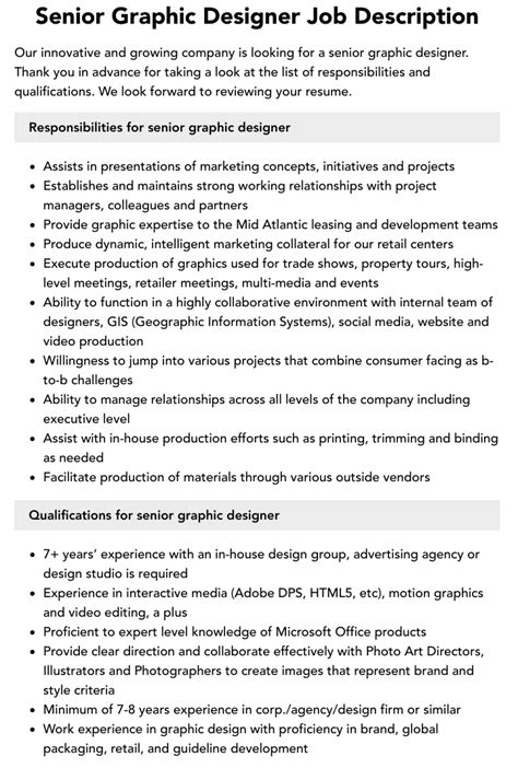 Senior Graphic Designer Job Description Velvet Jobs