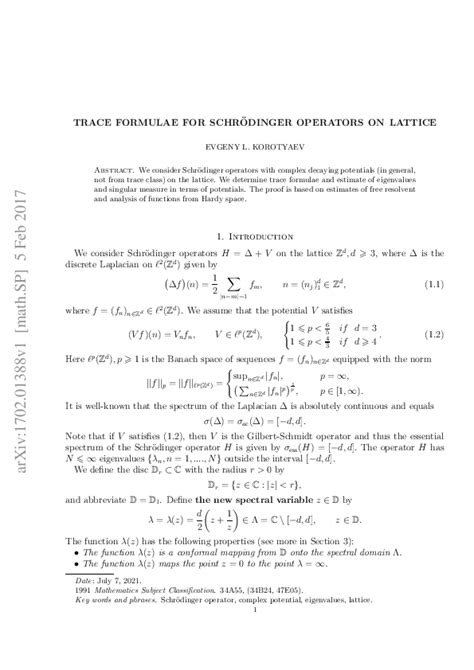 pdf trace formulae for schr odinger operators on lattice evgeny korotyaev